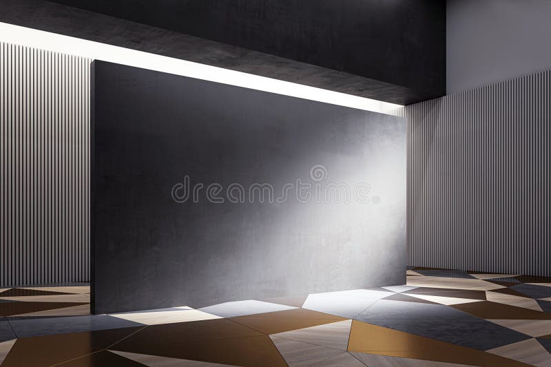 Modern Gallery Interior with Blank Walls and Patterned Floor ...