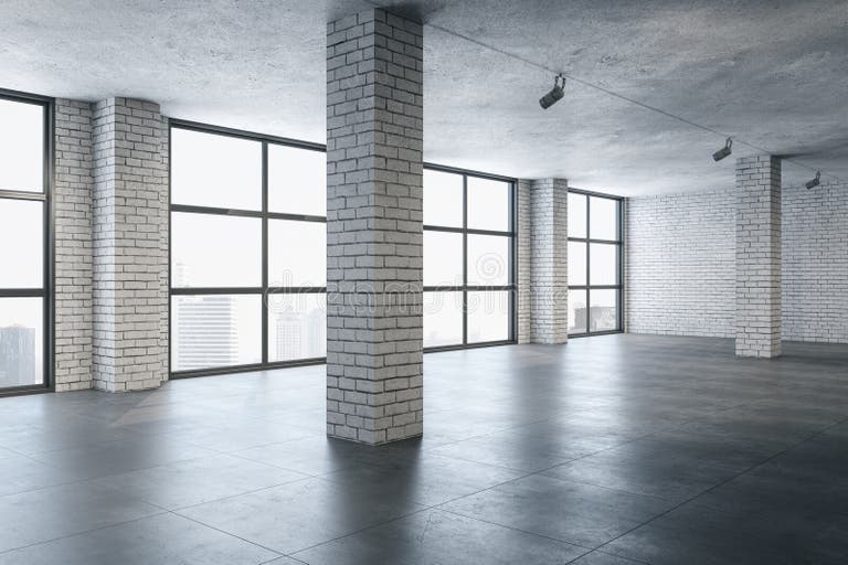 Modern Gallery Interior with Brick Columns and City View Stock ...