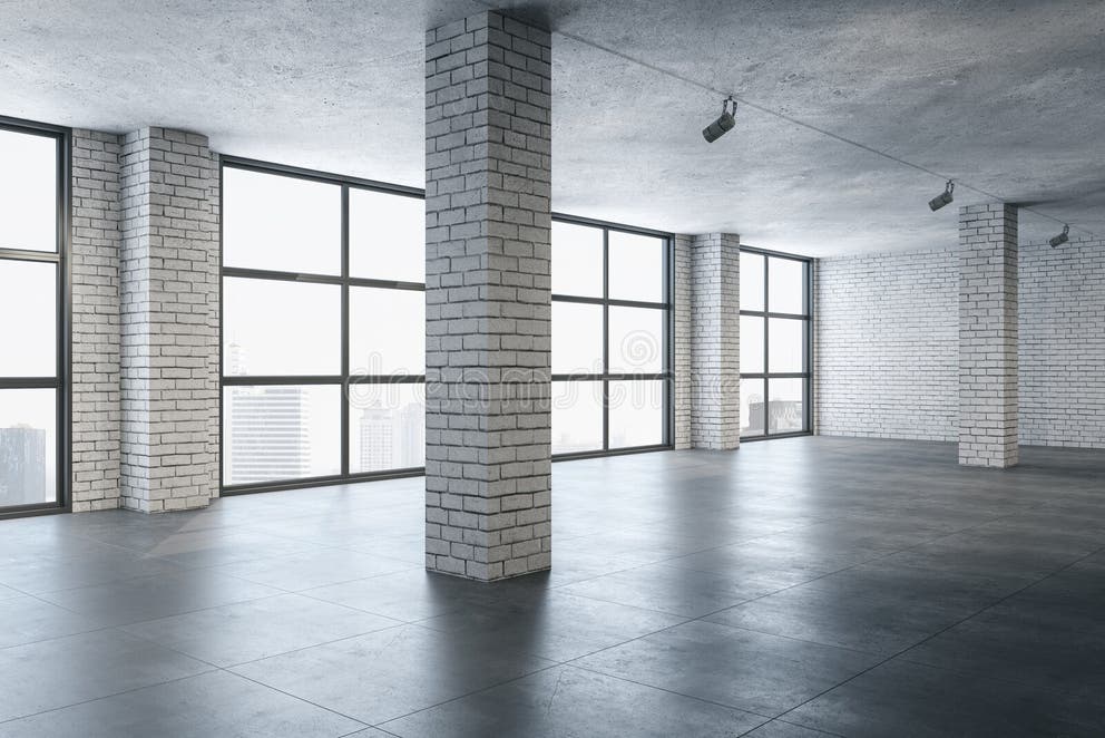 Modern Gallery Interior with Brick Columns and City View Stock ...