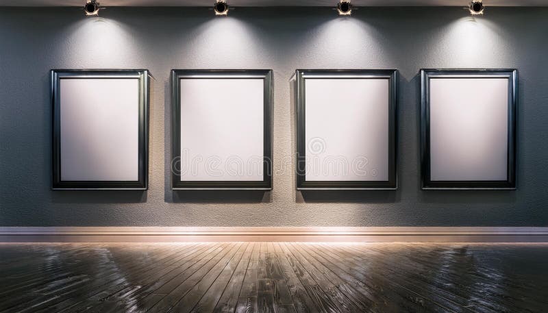 Modern Gallery Interior with Empty Frames and Spotlights. 3D Rendering ...
