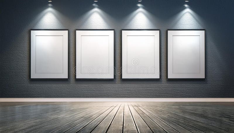 Modern Gallery Interior with Empty Frames and Spotlights. 3D Rendering ...