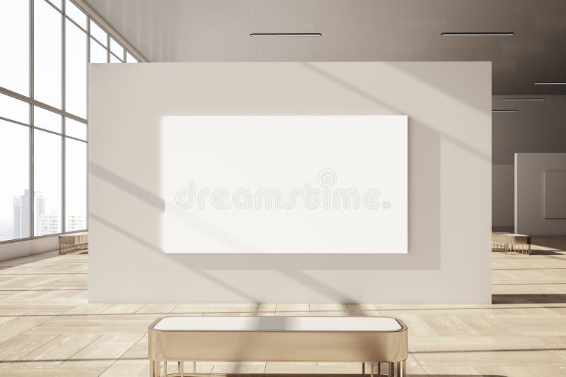 Modern Gallery Interior with Empty White Mock Up Banner on Light Wall ...