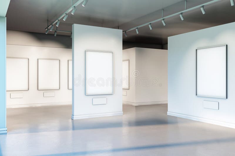 Modern Gallery Interior with Empty Frames on White Walls. 3D Rendering ...