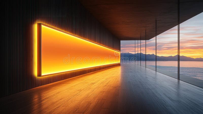 Modern Gallery Interior with Glowing Panel, Ocean Sunset View, Art ...