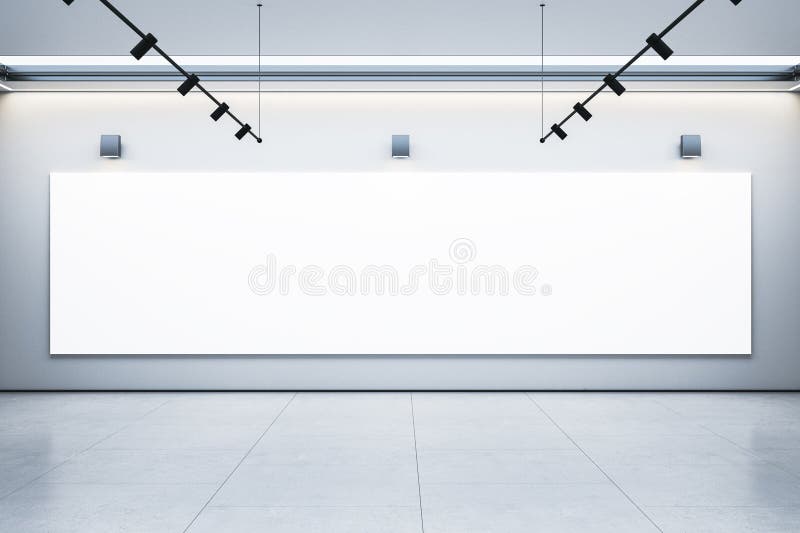 Modern Gallery Interior with Large Blank White Wall Under Spotlights ...