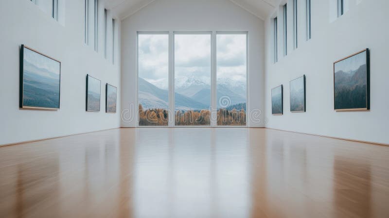 Modern Gallery Interior with Large Windows and Scenic Mountain Views ...