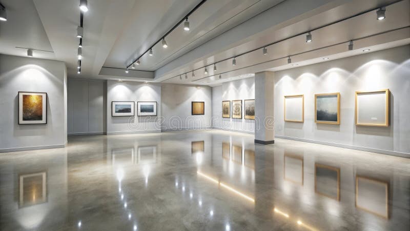 Modern Gallery Interior with Polished Concrete Floor and Abstract ...