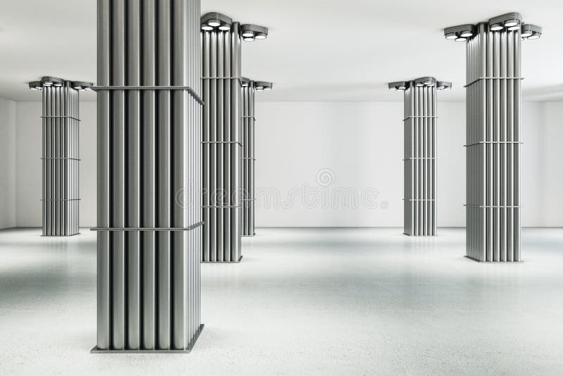 Modern Gallery Interior with Silver Pipe Columns and Blank Wall Stock ...