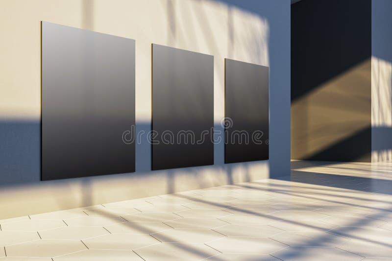 Modern Gallery Interior with Three Blank Black Panels on a Beige Wall ...