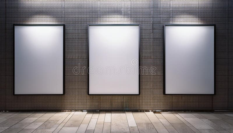 Modern Gallery Interior with Three Blank Posters on a Tiled Wall. 3D ...