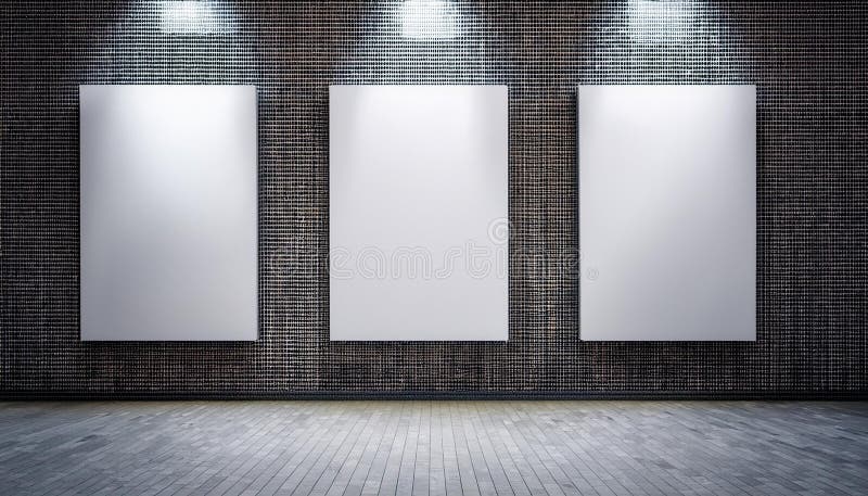 Modern Gallery Interior with Three Blank Posters on a Tiled Wall. 3D ...