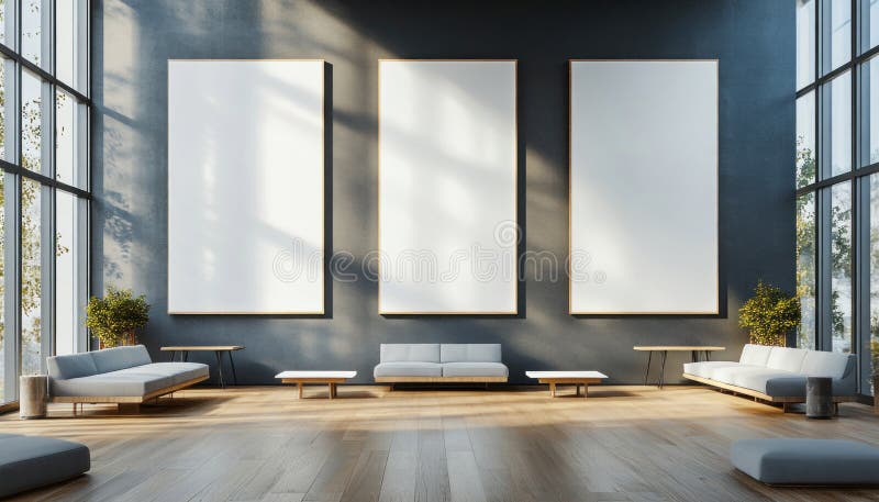Modern Gallery Interior with Three Empty Vertical Frames Hanging on ...