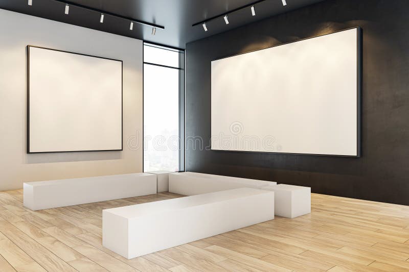 Modern Gallery with Oversized White Framed Posters and City View. Stock ...