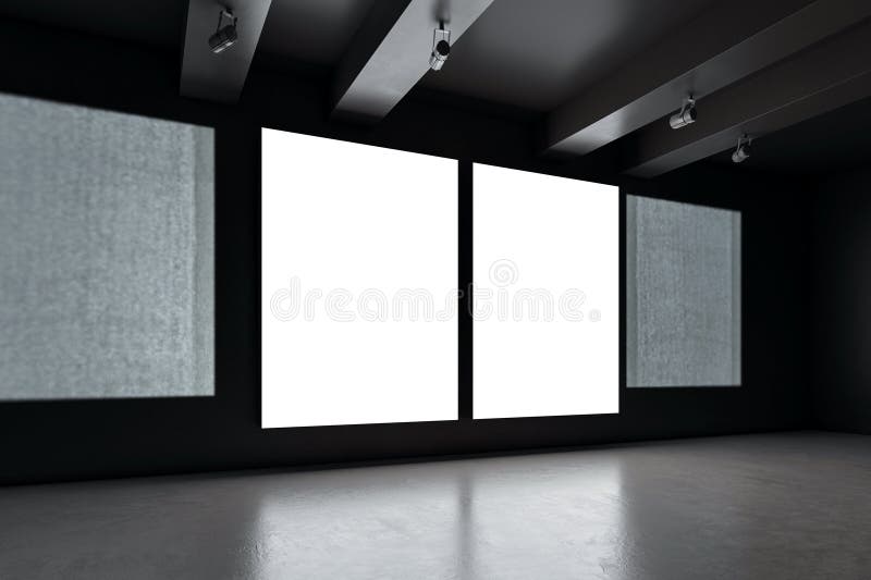 Modern Gallery Room with Three Blank Digital Screens Mounted on a Dark ...