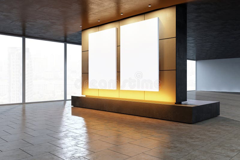 Modern Gallery Room with Two Blank Vertical Posters on a Lit Display ...