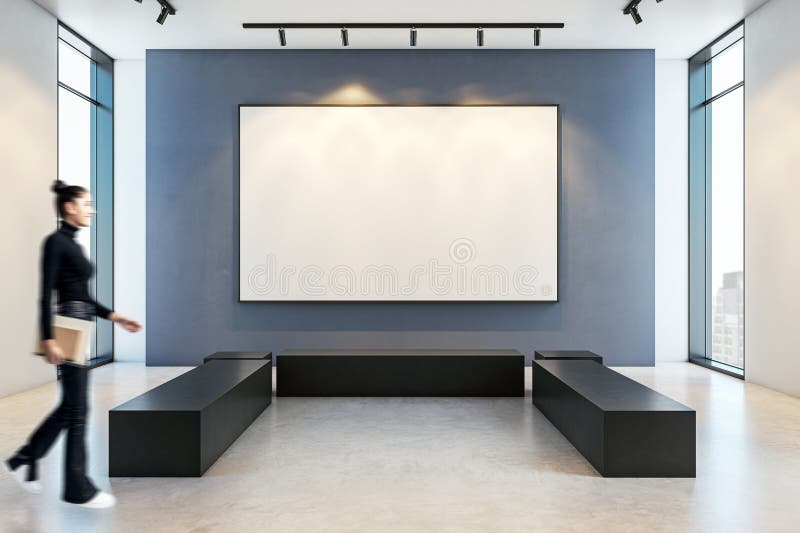 Modern Gallery Space with Blurred Motion of Visitor, Poster Mockup Frame Stock Photo - Image of ...