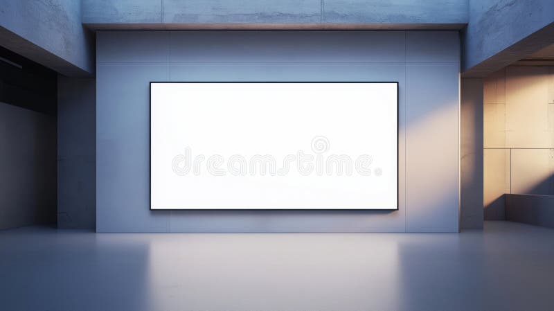 Modern Gallery Space with Empty Illuminated Screen. Concrete Walls ...