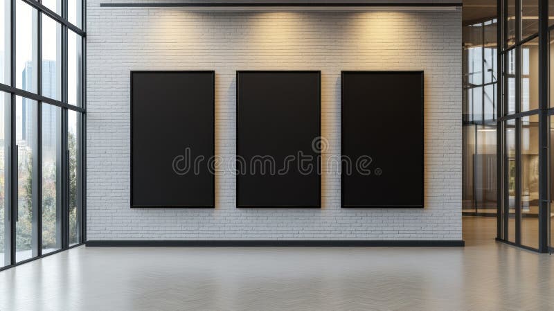 Modern Gallery Space Featuring Three Empty Black Frames on a Wall Stock Illustration ...