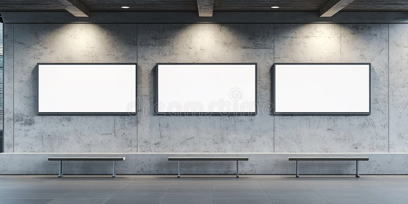 Modern Gallery Space Featuring Three Empty Frames on a Concrete Wall ...