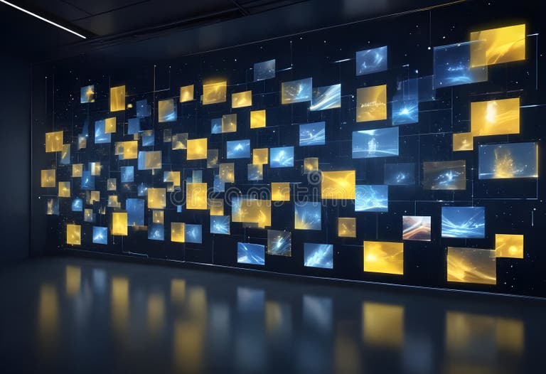 A Modern Gallery Space with a Wall of Screens Displaying a Grid of ...