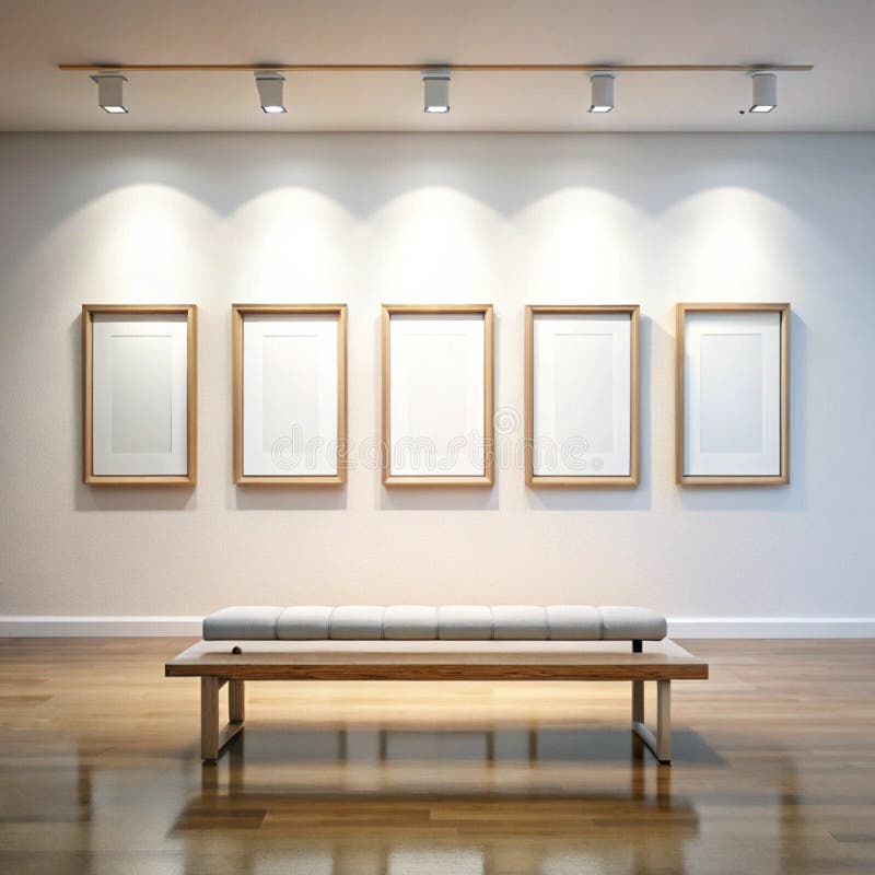Modern Gallery Wall with Empty Frames and Bench Stock Image - Image of reflective, contemporary ...