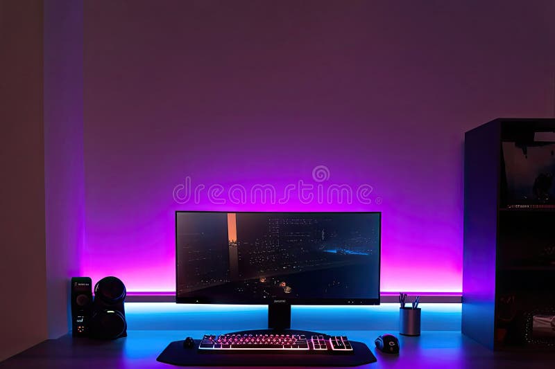 Modern Gamer Computer Desk Setup RGB Lights Background, PC Computer ...