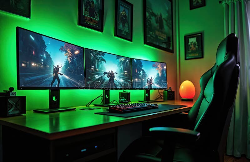Modern Gamer Room Interior with Neon Green Lighting. High-tech Computer Setup with Multiple ...