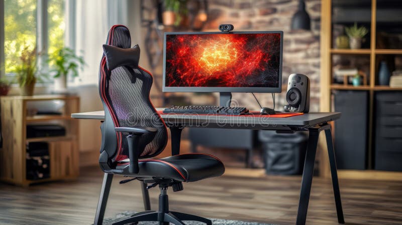 Modern Gamer Setup with Ergonomic Chair and Computer Stock Illustration ...