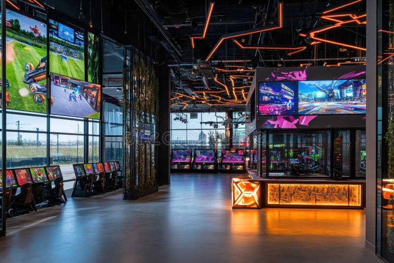 Modern Gaming Arcade with Vibrant Lighting and Advanced Gaming Stations ...