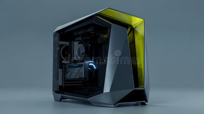 Modern Gaming Computer Case with Yellow Accents and Internal Components ...
