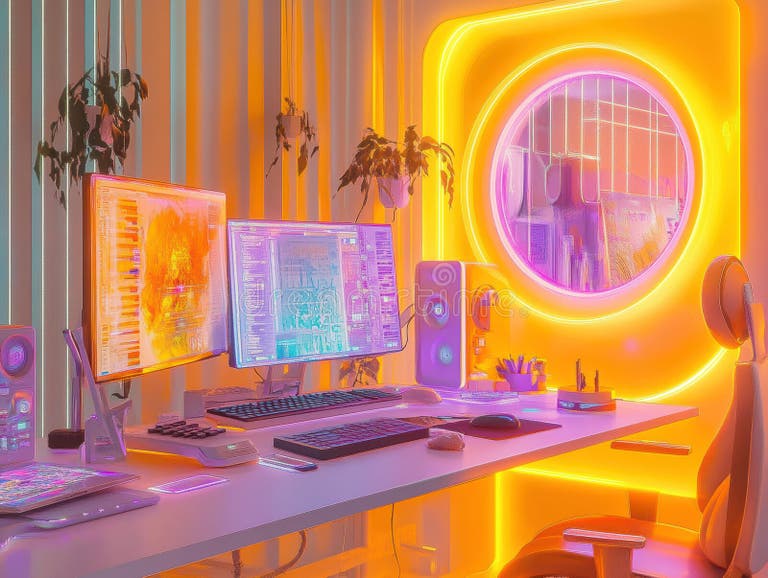 A Modern Gaming or Multimedia Setup Showcases a Desk with Multiple ...