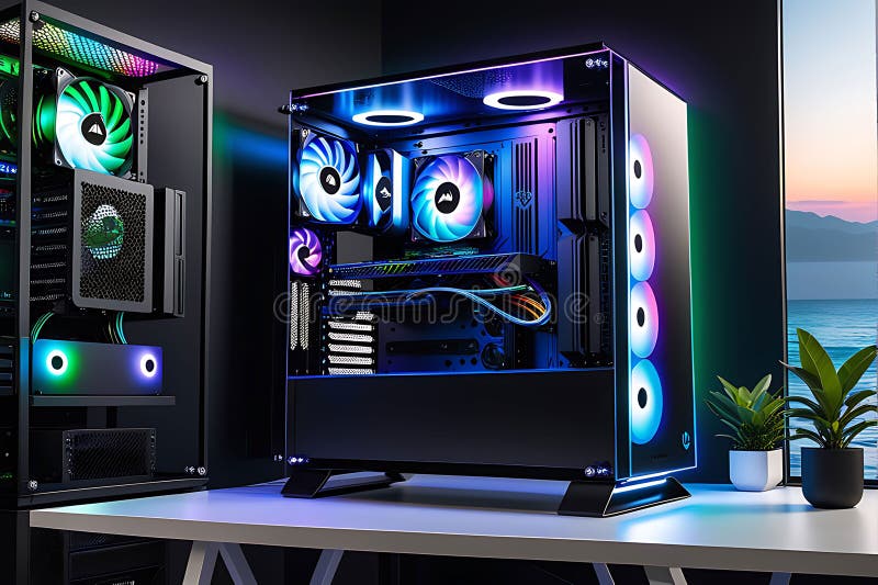 Modern Gaming PC with Water Cooling Visible through Transparent Side ...