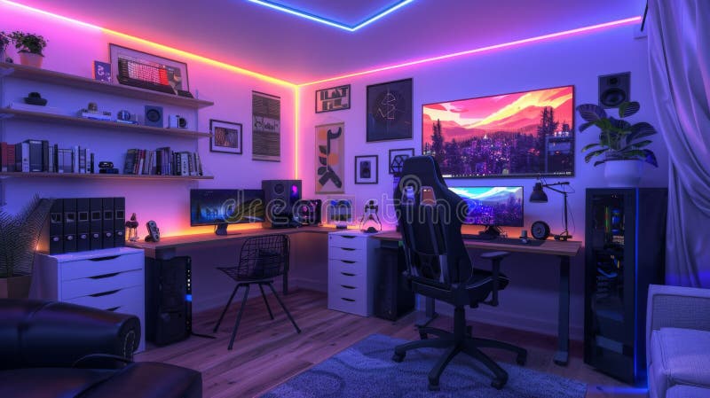Modern Gaming Room with Colorful LED Lights Stock Photo - Image of ...