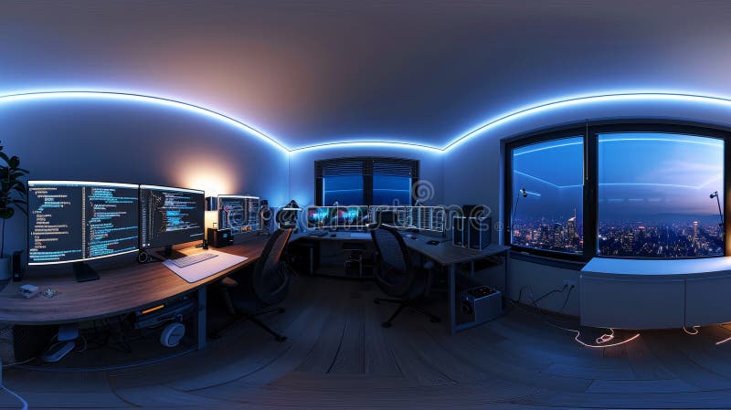 Modern Gaming Room with Cityscape View a Modern Gaming Room with a Desk ...