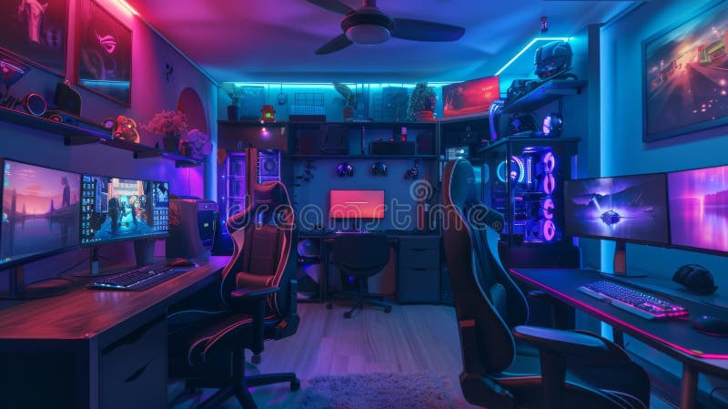 Modern Gaming Room with Multiple Monitors and Lights Stock Photo ...