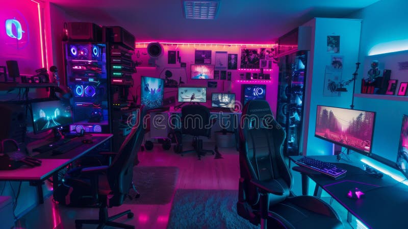 Modern Gaming Room with Neon Lights and Computer Monitors Stock Photo ...