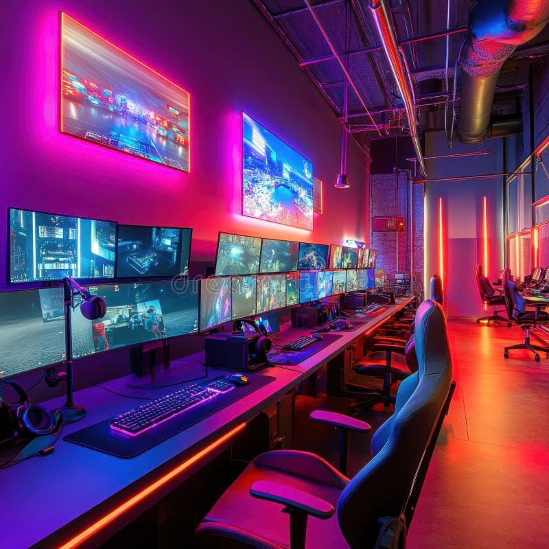 Modern Gaming Room with Neon Lights and Multiple Monitors Stock ...