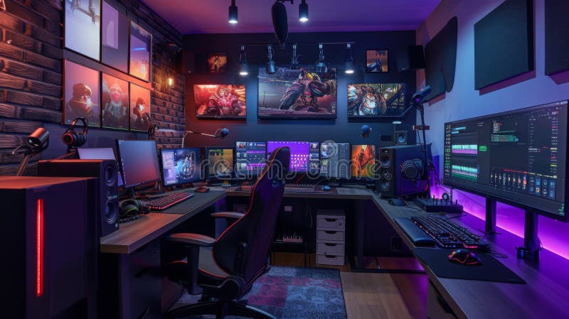 Modern Gaming Setup with Brick Wall and Multiple Monitors Stock Photo ...