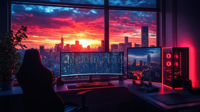 Modern Gaming Setup with Cityscape View at Sunset - Generative Ai Stock ...