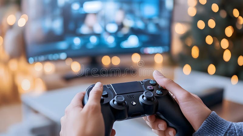 Modern Gaming Setup with a Console Controller in Hand and a Decorated ...