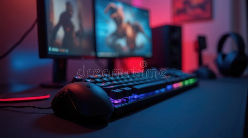 A Modern Gaming Setup Features Two Monitors Displaying Action-packed ...