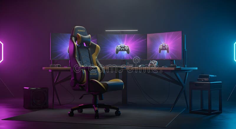 Gaming Setup with Ergonomic Chair, Triple Monitors, and Neon Lighting ...