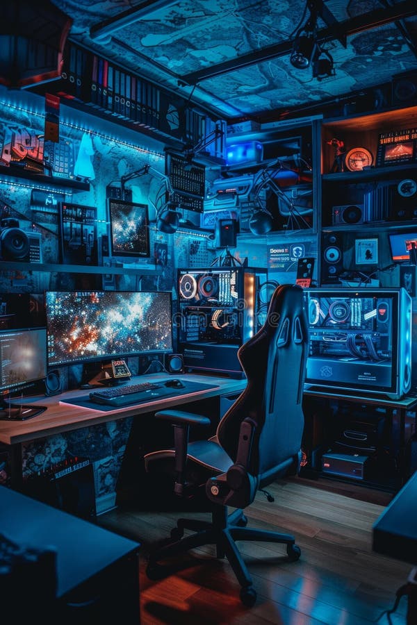 Modern Gaming Setup Featuring Vibrant LED Lights and Multiple Monitors ...
