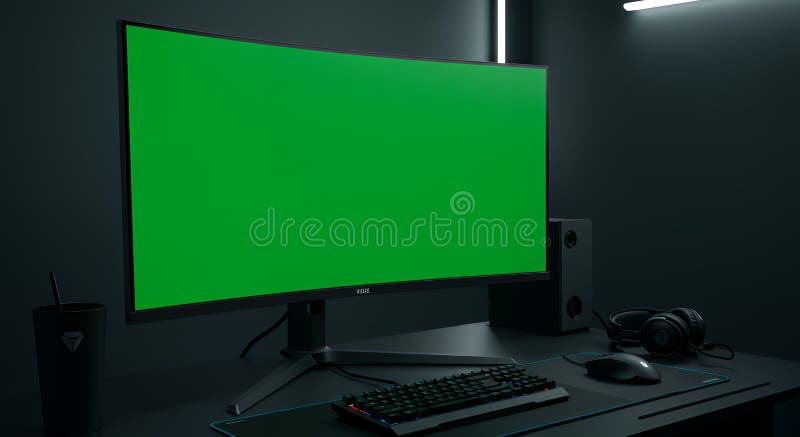 Modern Gaming Setup with Green Screen Monitor Stock Illustration ...