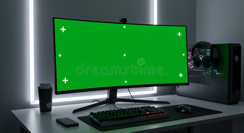 Modern Gaming Setup with Green Screen Monitor Stock Illustration ...