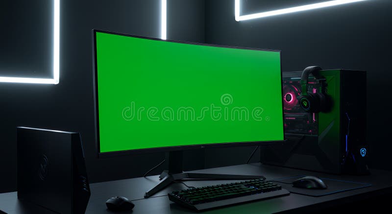 Modern Gaming Setup with Green Screen Monitor Stock Illustration ...