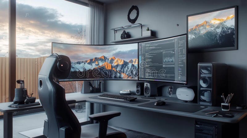 Modern Gaming Setup with Mountain Views and Curved Monitors Stock ...