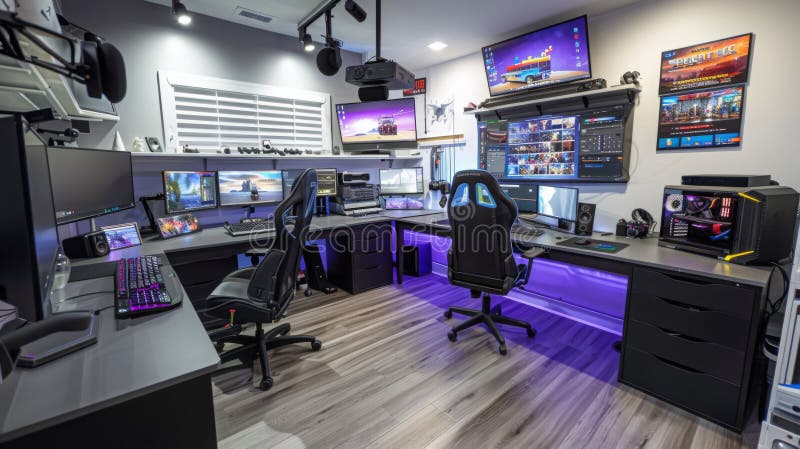 Modern Gaming Setup with Multiple Monitors Stock Image - Image of ...