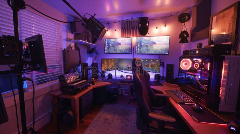 Modern Gaming Setup with Multiple Monitors Stock Photo - Image of ...