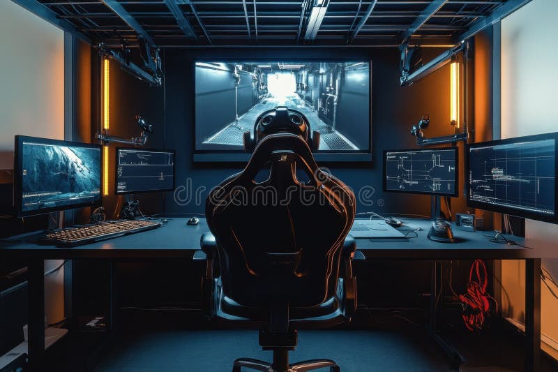 Modern Gaming Setup with Multiple Screens and Ergonomic Chair in Sleek ...